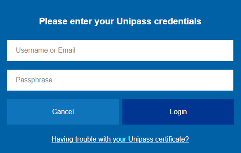 Logging in using username/email and passphrase – Unipass Identity