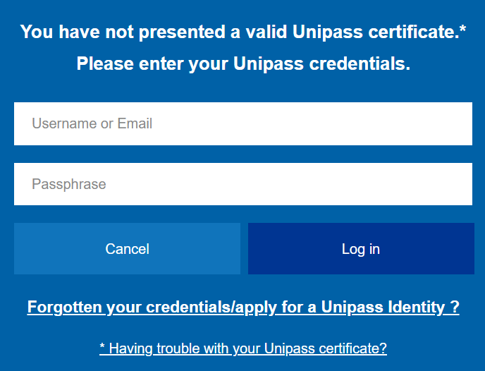 Logging in using username/email and passphrase – Unipass Identity