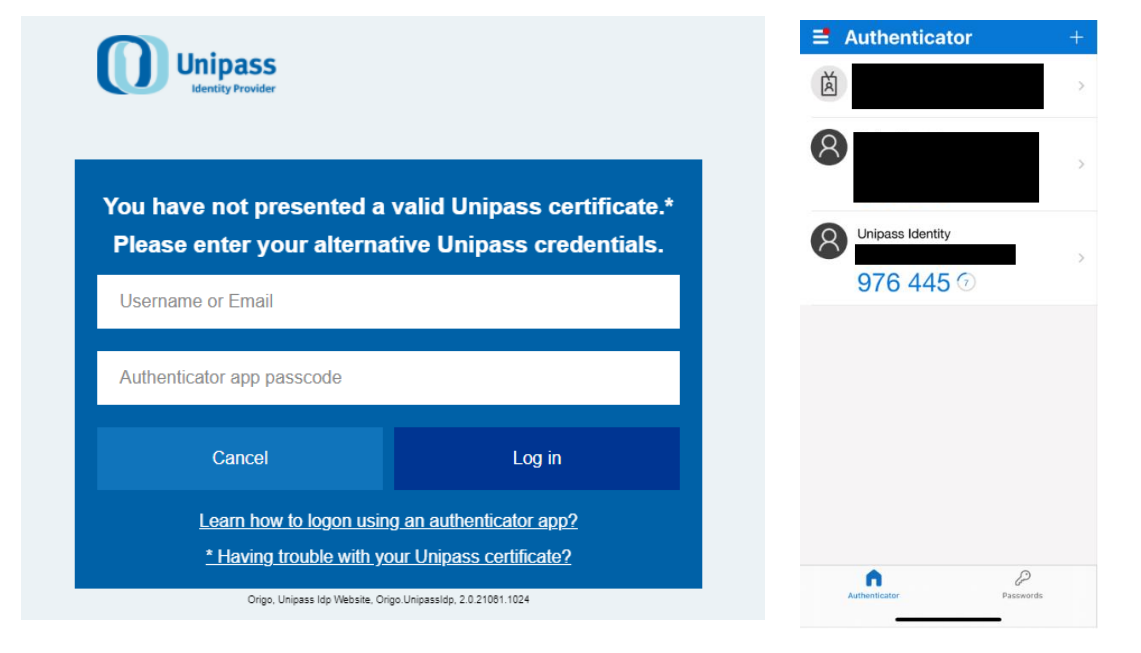 Logging in using an authenticator app – Unipass Identity