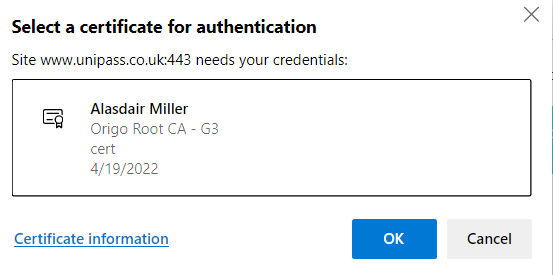 Logging in with a Unipass certificate – Unipass Identity