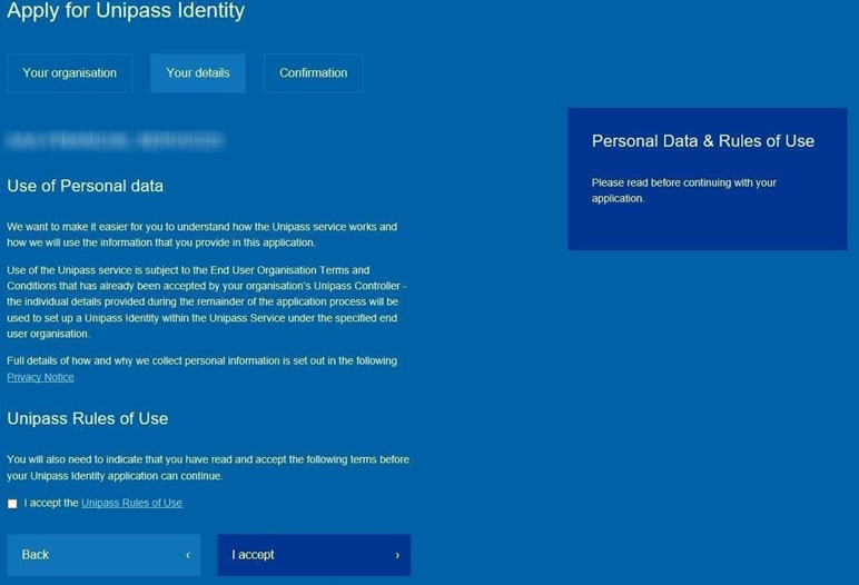 Step 1 - Organisation details – Unipass Identity